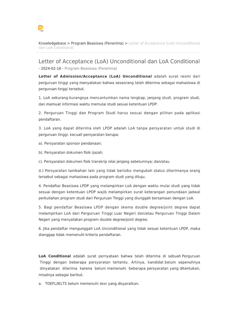 Letter of Acceptance LoA Unconditional Dan LoA Conditional | PDF