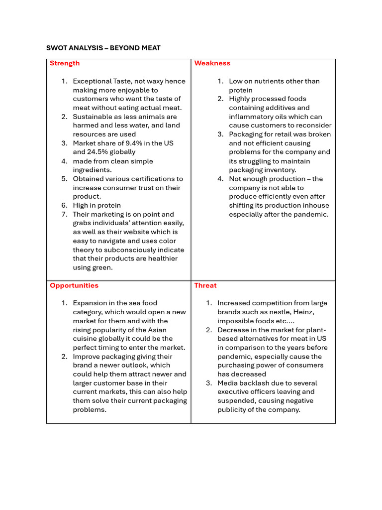 Beyond Meat SWOT Analysis Overview | PDF | Foods | Meat