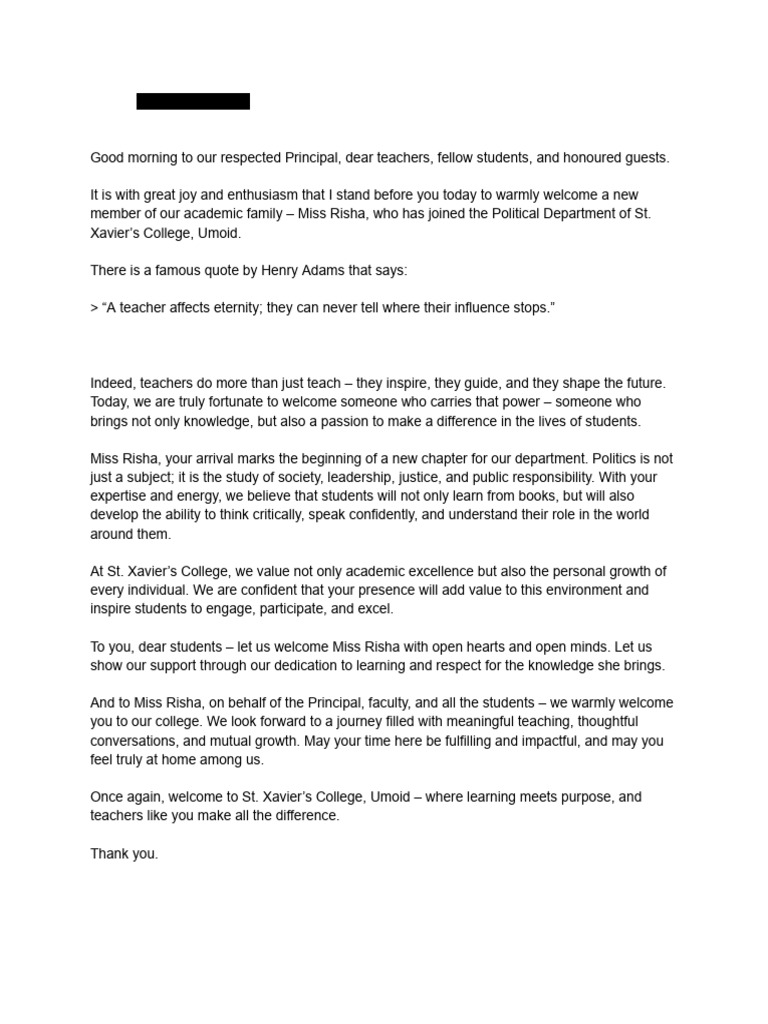 Welcome Speech for New Teacher | PDF