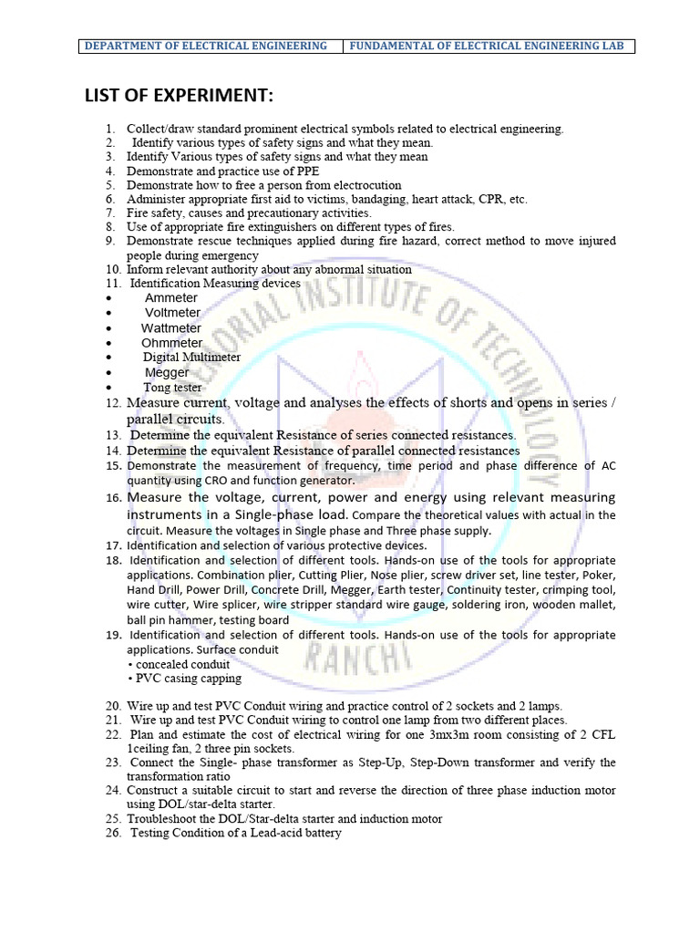 Fundamental of Electrical Engineering Lab Manual | PDF | Electrical Network | Electrical Engineering