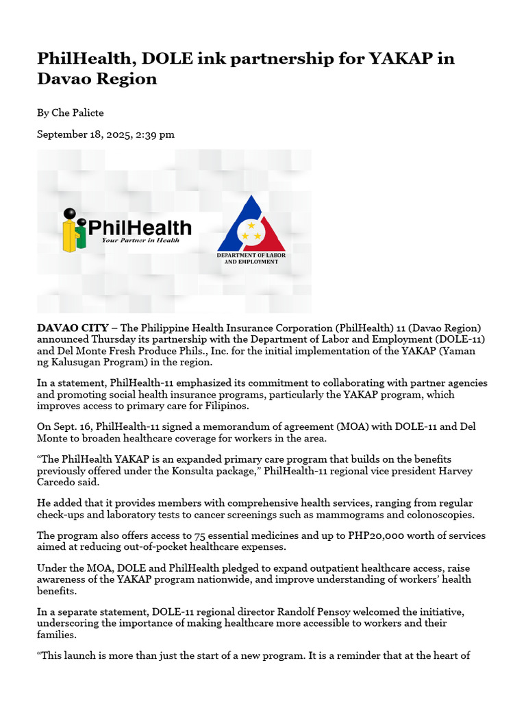 PhilHealth, DOLE Launch YAKAP Program in Davao | PDF | Primary Care ...