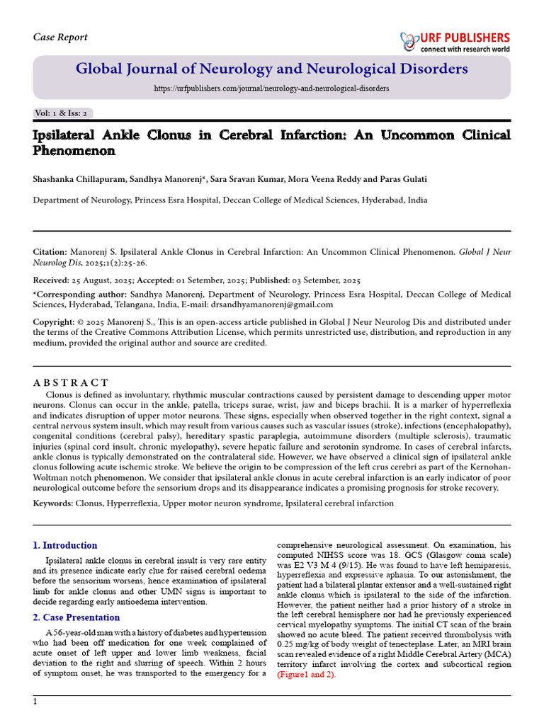 Ipsilateral Ankle Clonus in Stroke | PDF | Stroke | Diseases And Disorders
