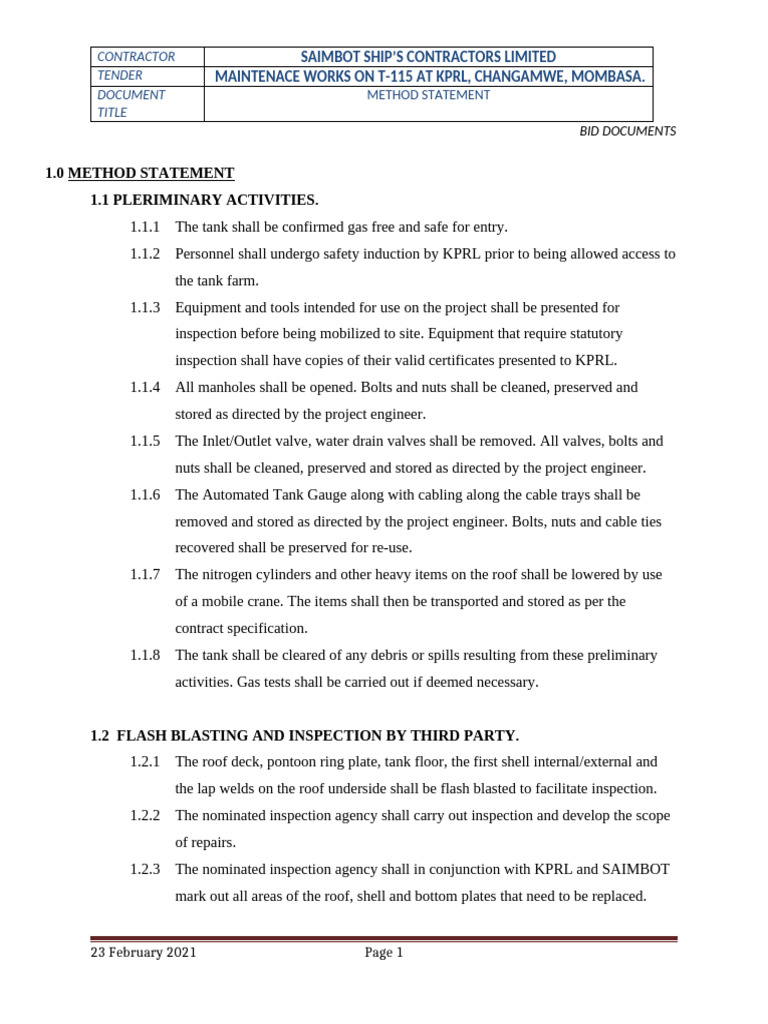 T-115 Maintenance Method Statement | PDF | Welding | Construction