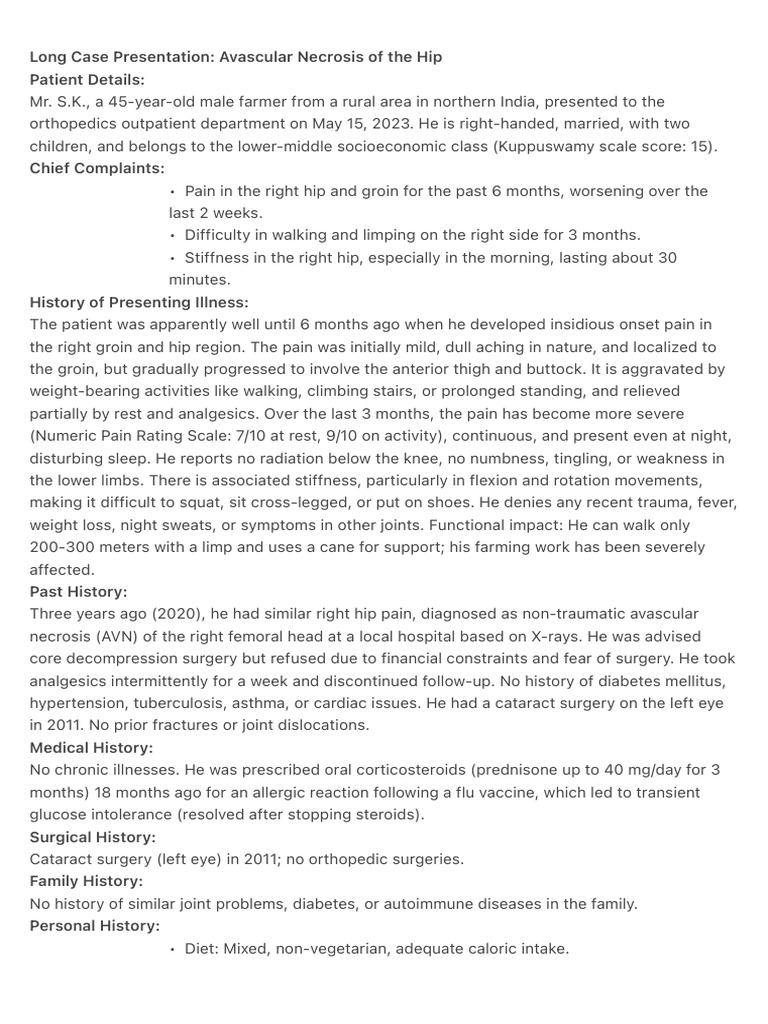 Avascular Necrosis of the Hip Case Study | PDF | Anatomical Terms Of ...