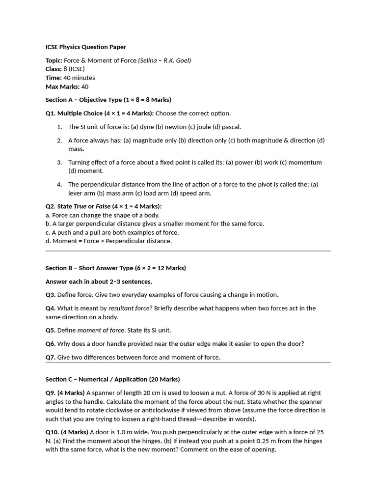 ICSE Physics Question Paper | PDF | Force | Torque