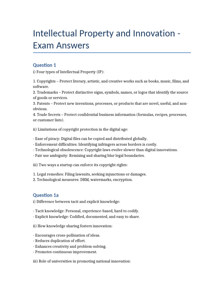 Intellectual Property and Innovation Answers | PDF | Intellectual ...