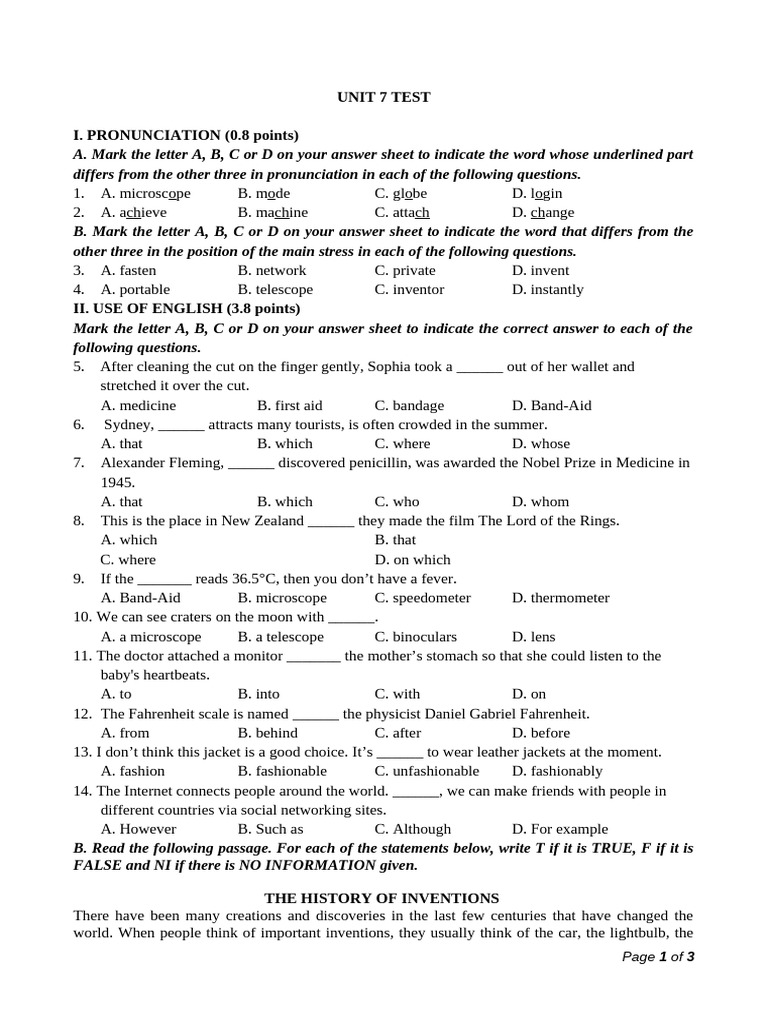 Unit 7 Test: Pronunciation and English Usage | PDF | World Wide Web ...