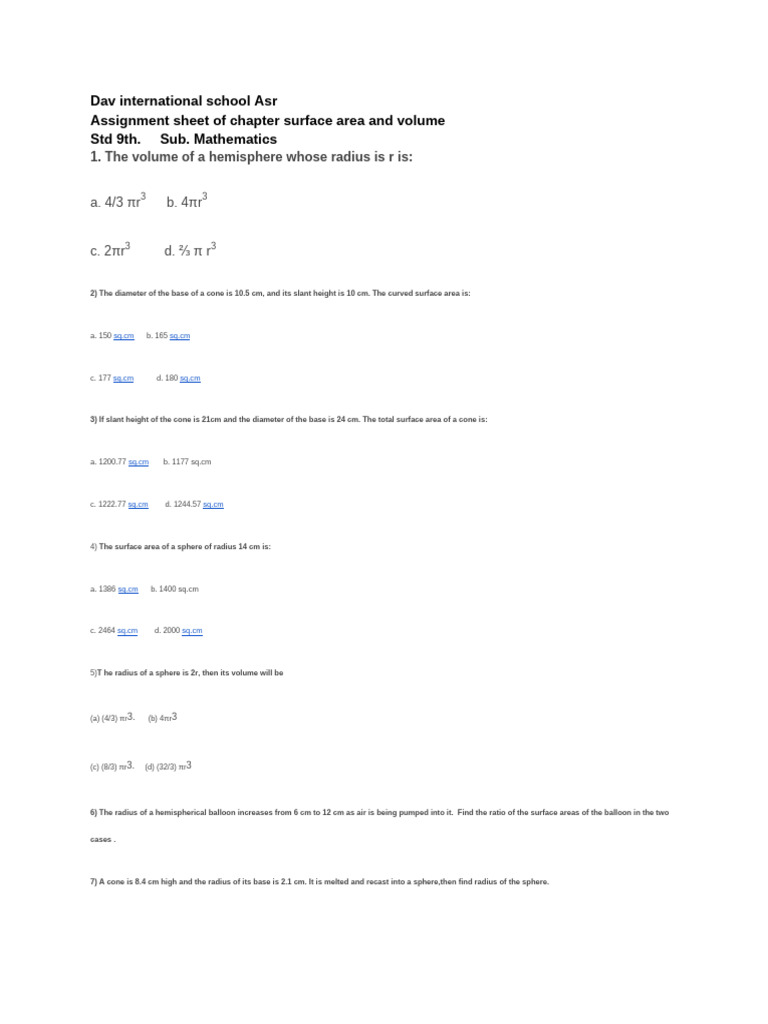 Surface Area and Volume Problems for 9th Grade | PDF | Sphere | Area