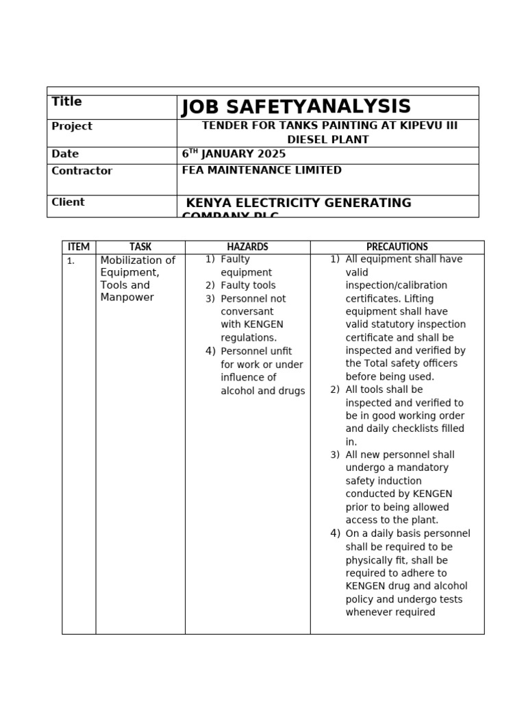 Jsa -Fea Maintenance Tanks Painting at Kipevu III Diesel Plant | PDF ...