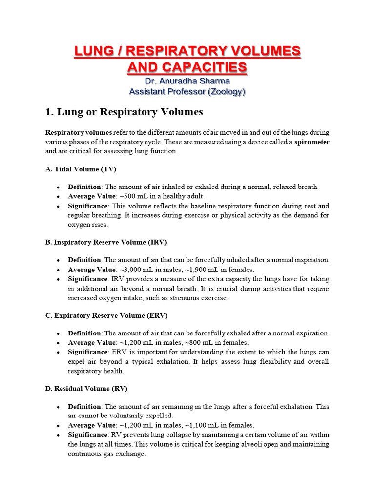 Respiratory Volumes and Capacities Explained | PDF | Exhalation | Lung