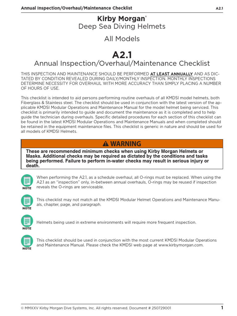 Kirby Morgan Helmet Maintenance Checklist | PDF | Underwater Diving