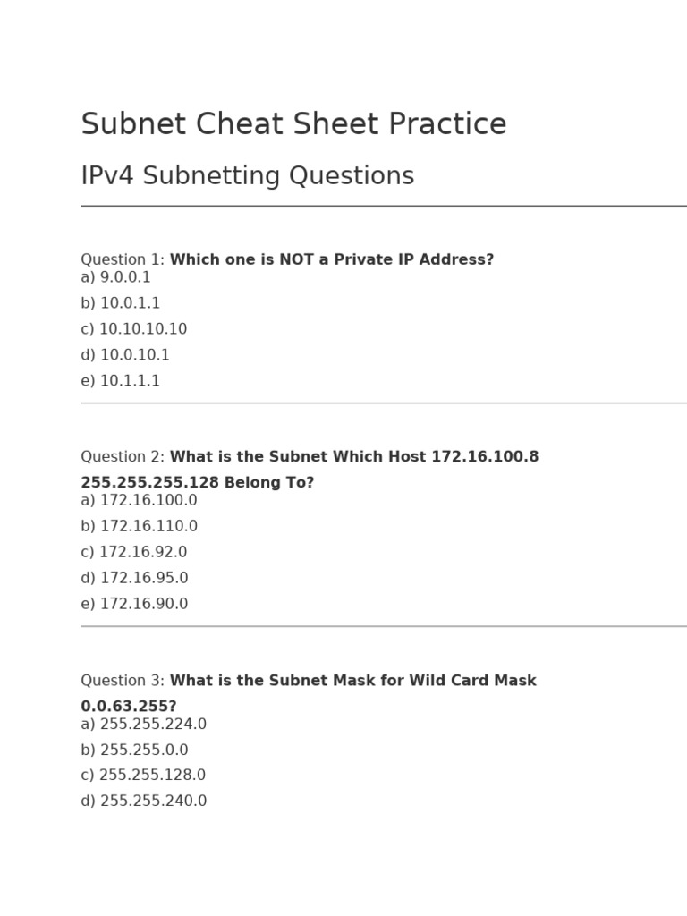 Subnet Cheat Sheet Practice | PDF