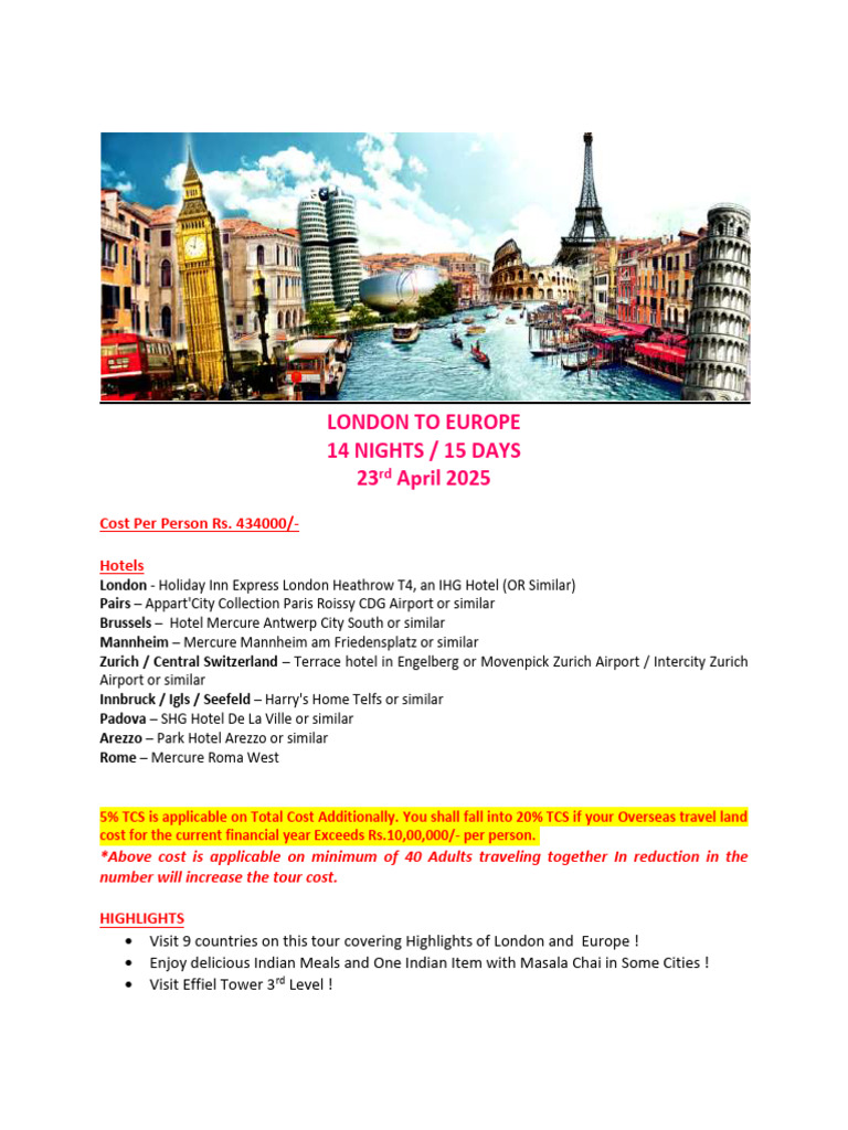 14-Day London to Europe Tour Itinerary | PDF | Payments | Meal