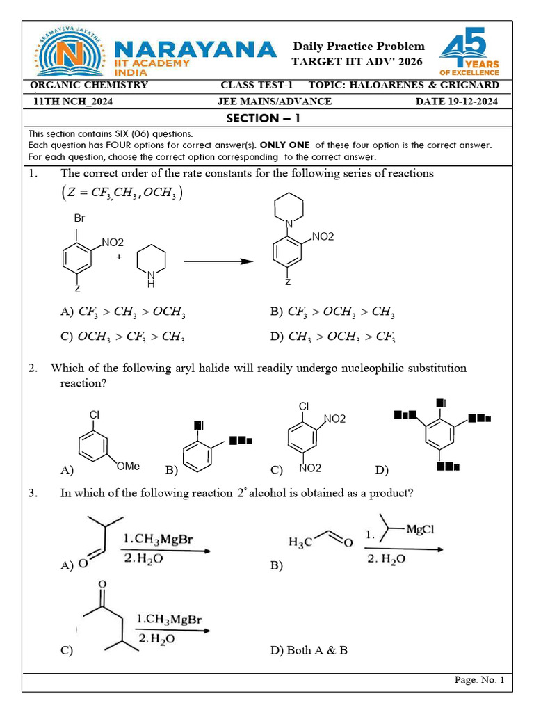 Aryl Halide & Grignard Reagent CLASS TEST 1 & 2 - Merged | PDF ...