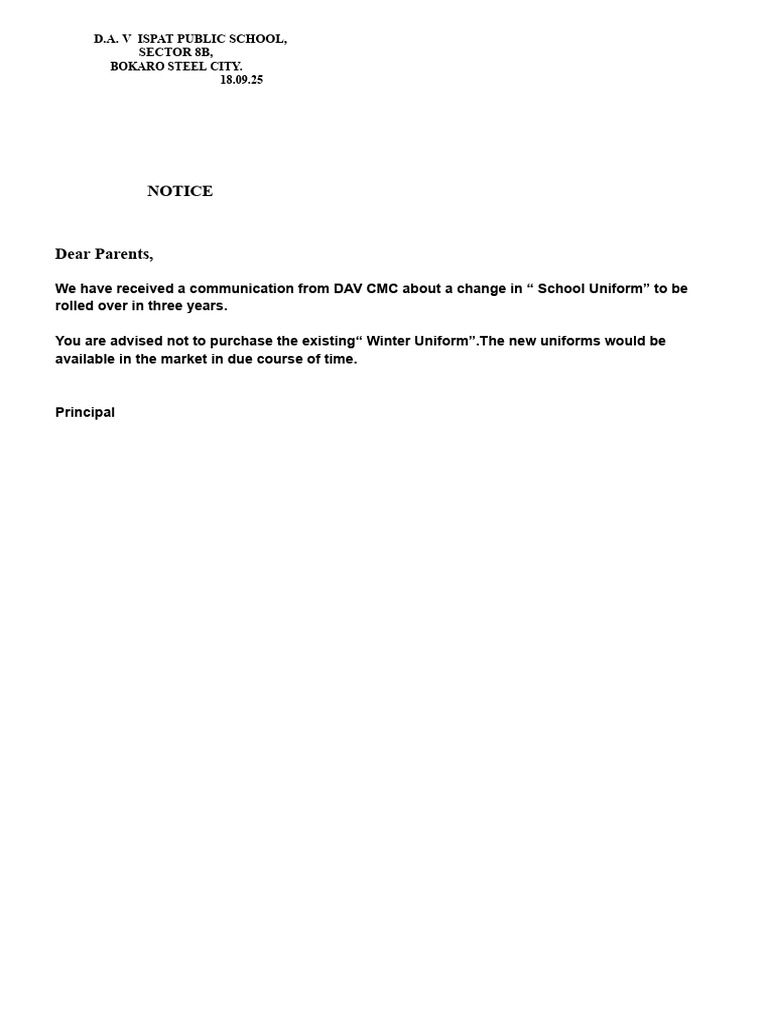 DAV School Uniform Change Notice 2025 | PDF
