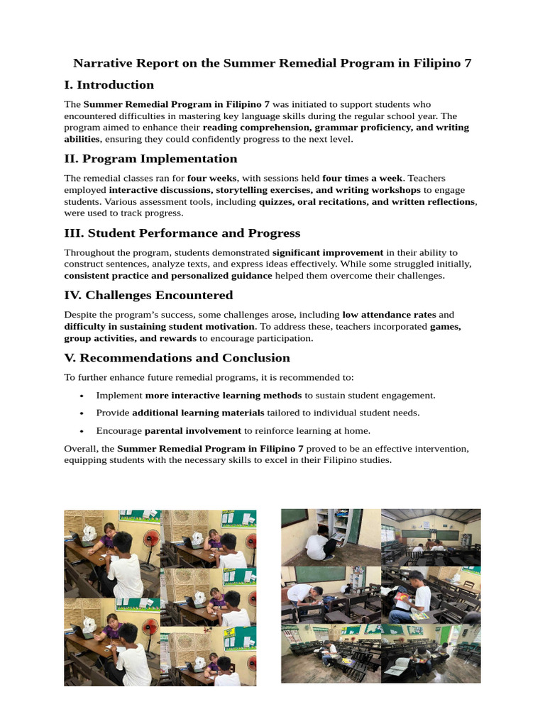 Narrative Report On The Summer Remedial Program in Filipino 7 | PDF