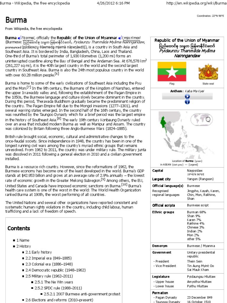 Burma - Wikipedia, The Free Encyclopedia | PDF | Myanmar | Elections