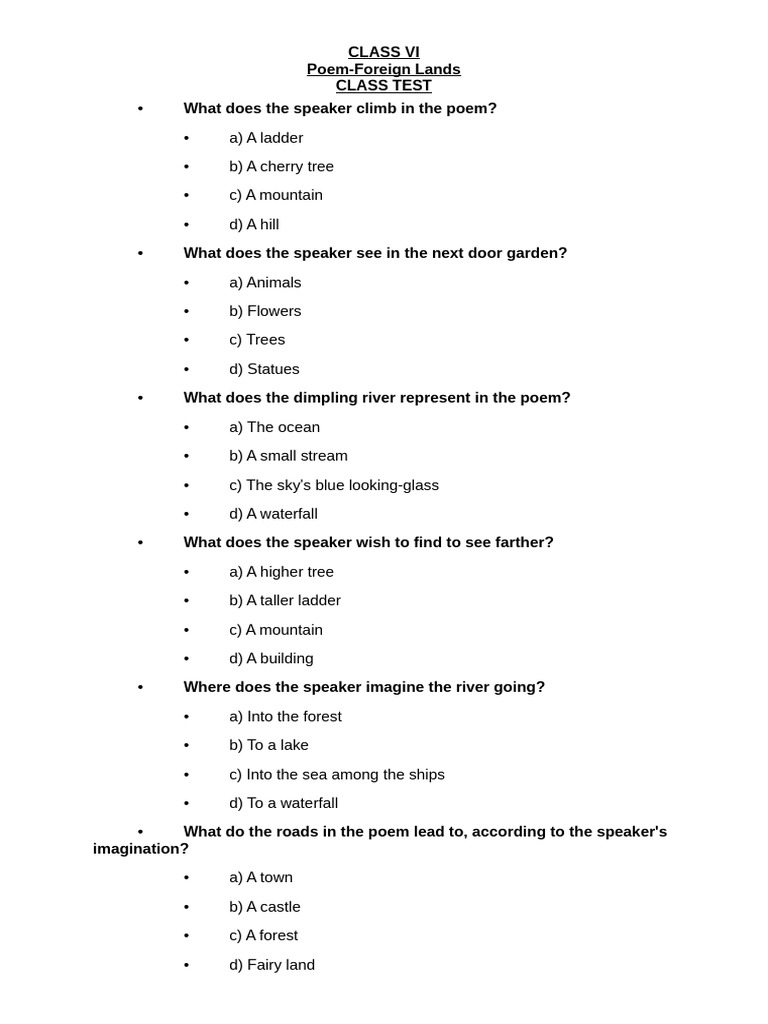 Class VI Poem Test: Foreign Lands | PDF