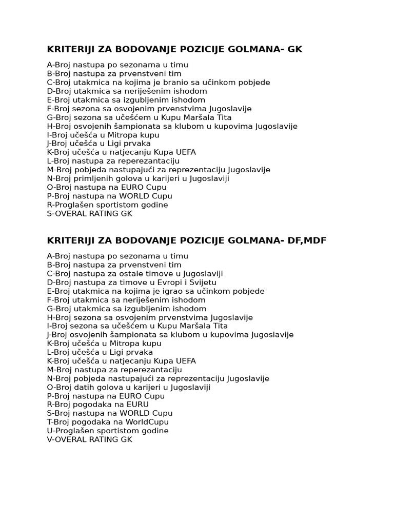 Kriteriji Za Bodovanje Pozicije Golmana | PDF
