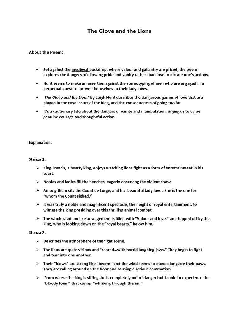 The Glove and the Lions _ Themes and Literary Devices | PDF | Courage ...