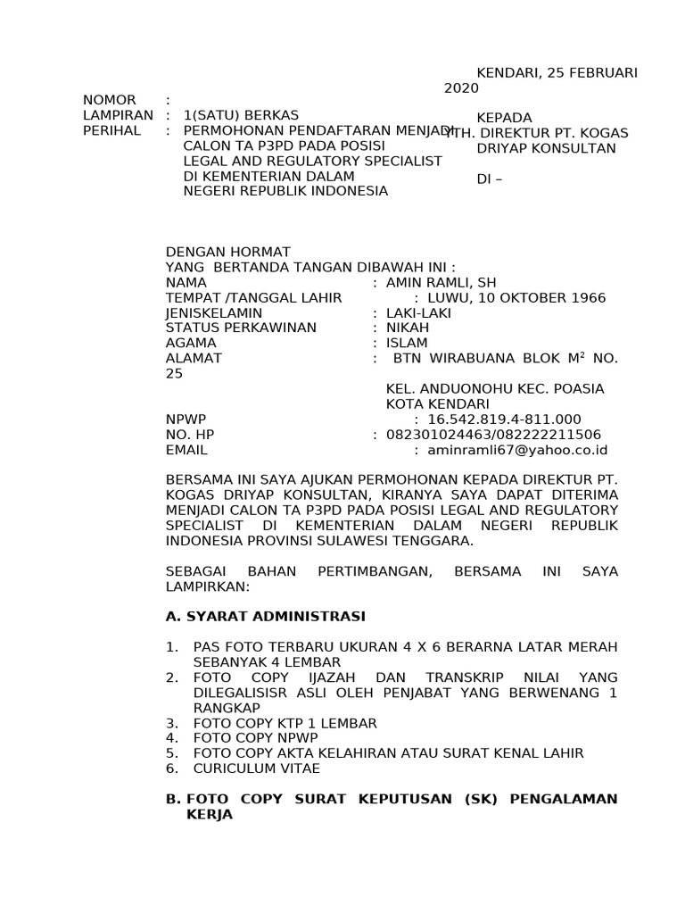 Permohonan Dan Curikulum Vitae p3pd Amin Ramli Provinsi Sultra | PDF
