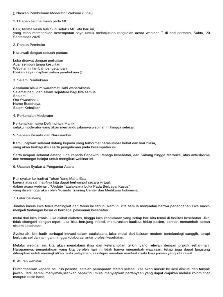 Naskah Pembukaan Webinar Tatalaksana Luka | PDF
