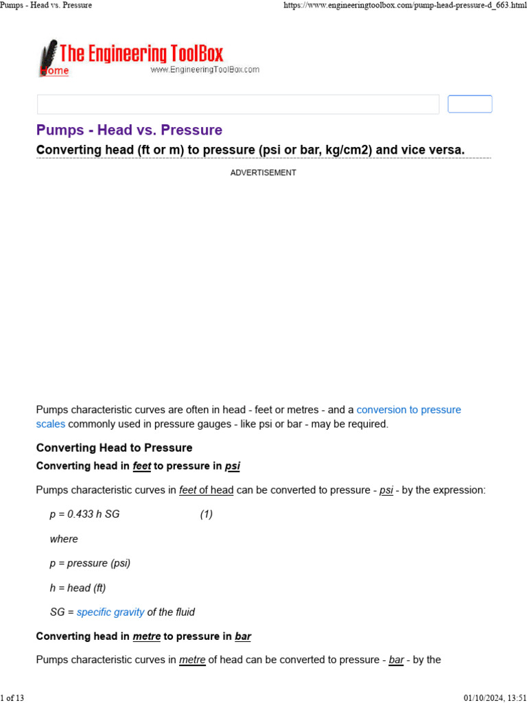 Pumps - Head vs. Pressure | PDF | Pressure | Pump