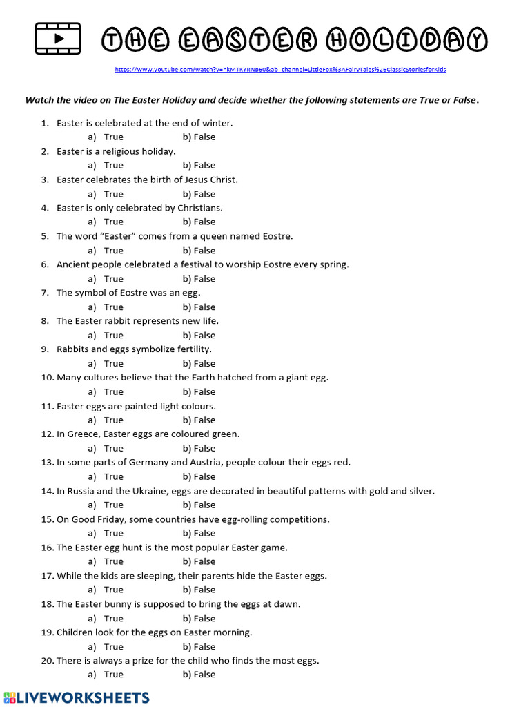Easter Holiday Quiz: True or False | PDF