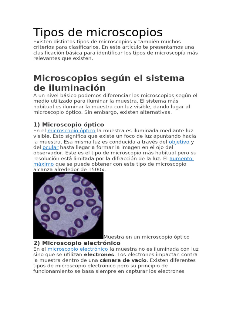 Tipos de microscopios y sus características | PDF | Microscopio | Óptica