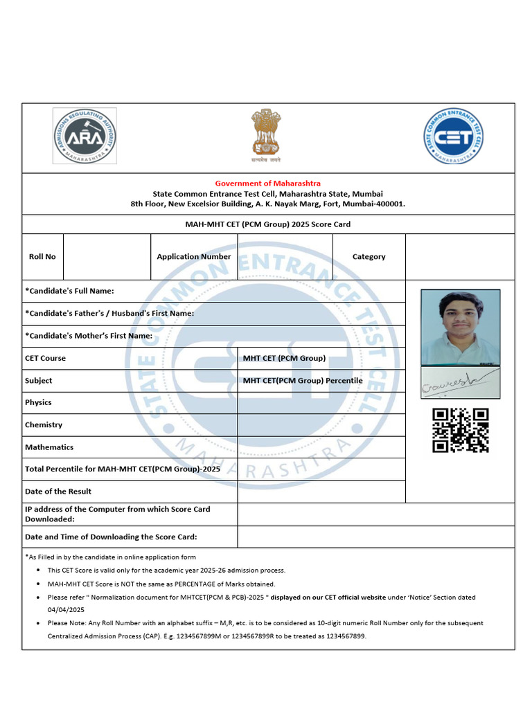 Mht-Cet PCM 2025 Result | PDF