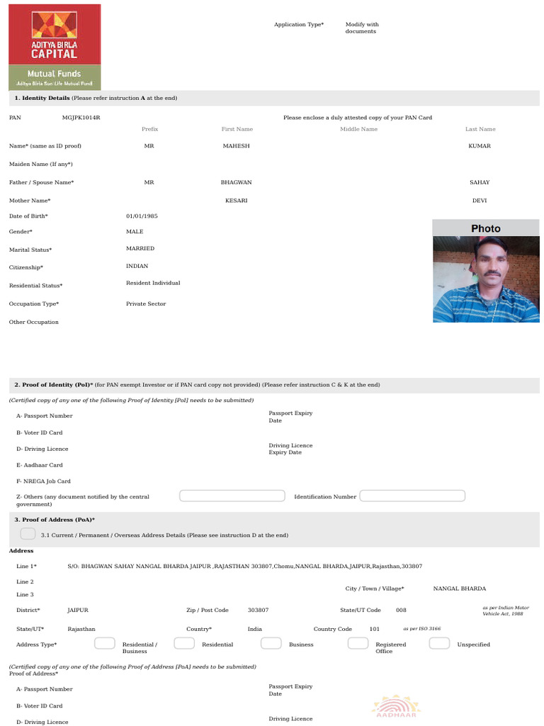 KYC Application Form for Indian Residents | PDF | Identity Document ...