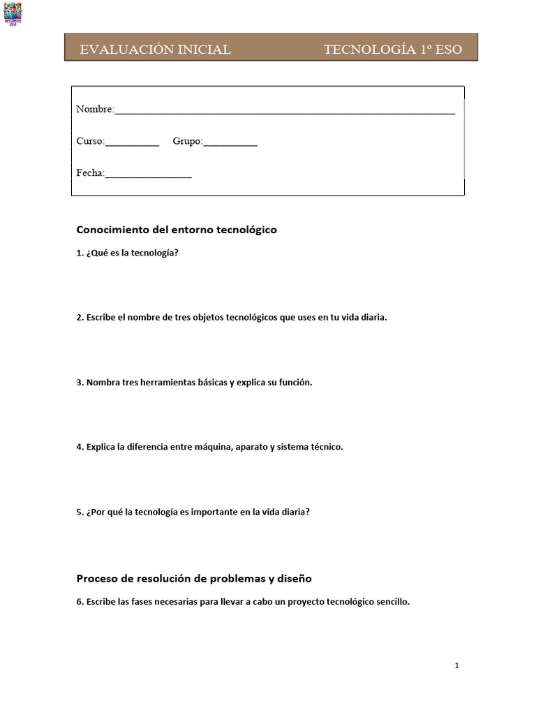 EXAMEN-EVALUACION-INICIAL-TECNOLOGIA-1o-ESO | PDF | Tornillo