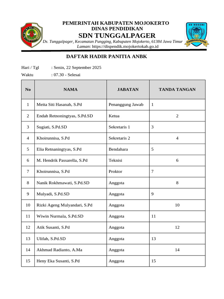 Daftar Hadir Panitia ANBK | PDF