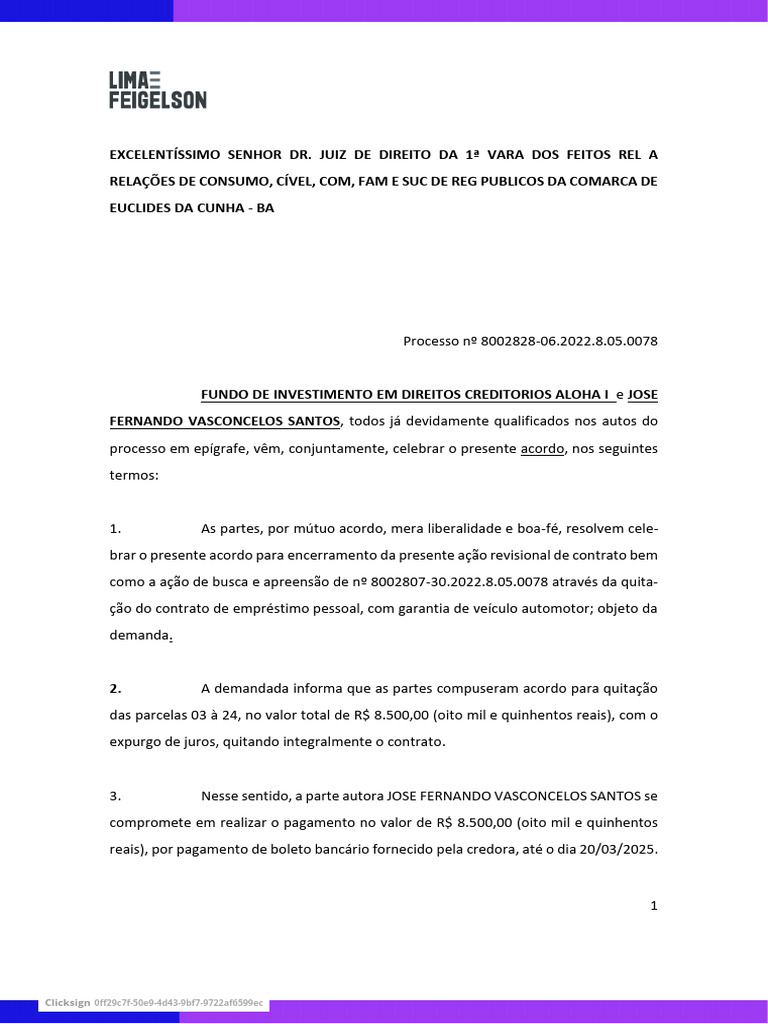 Minuta de Acordo - Jose Fernando Vasconcelos Santos - Clicksign | PDF | Empréstimos