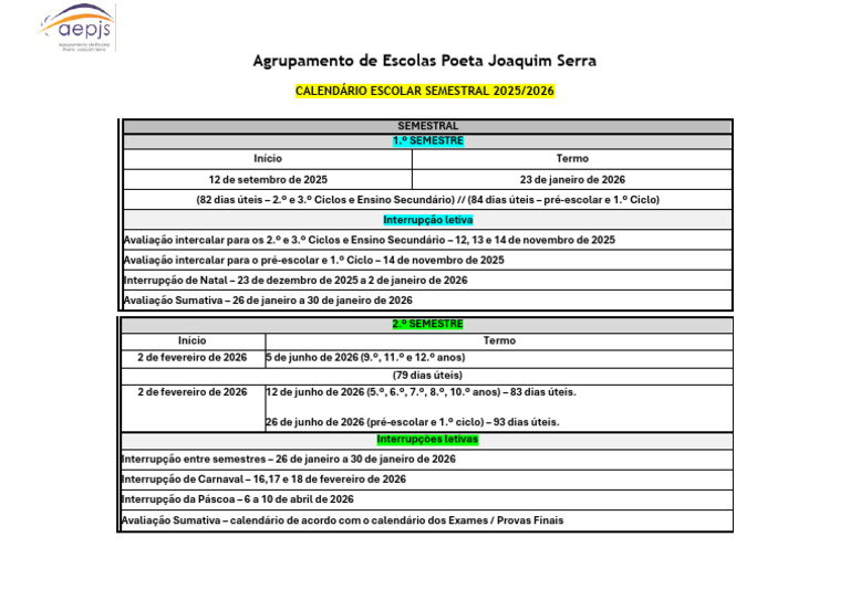 Calendário Escolar 2025/2026 Semestral | PDF