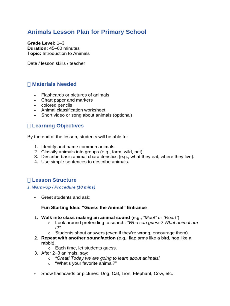 Grade 1 Animals Lesson Plan | PDF | Zoology