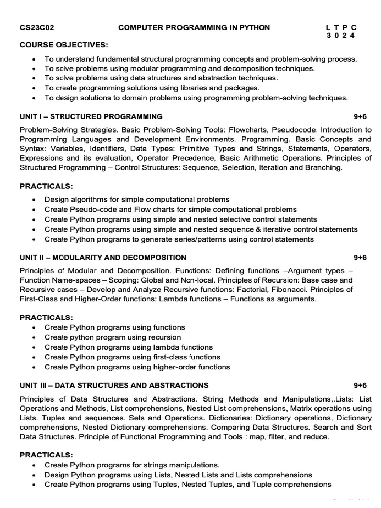 Computer Programming in Python Syllabus | PDF