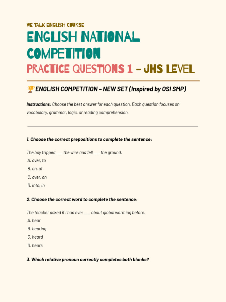 JHS English Competition Practice Questions | PDF | Phrase | English ...