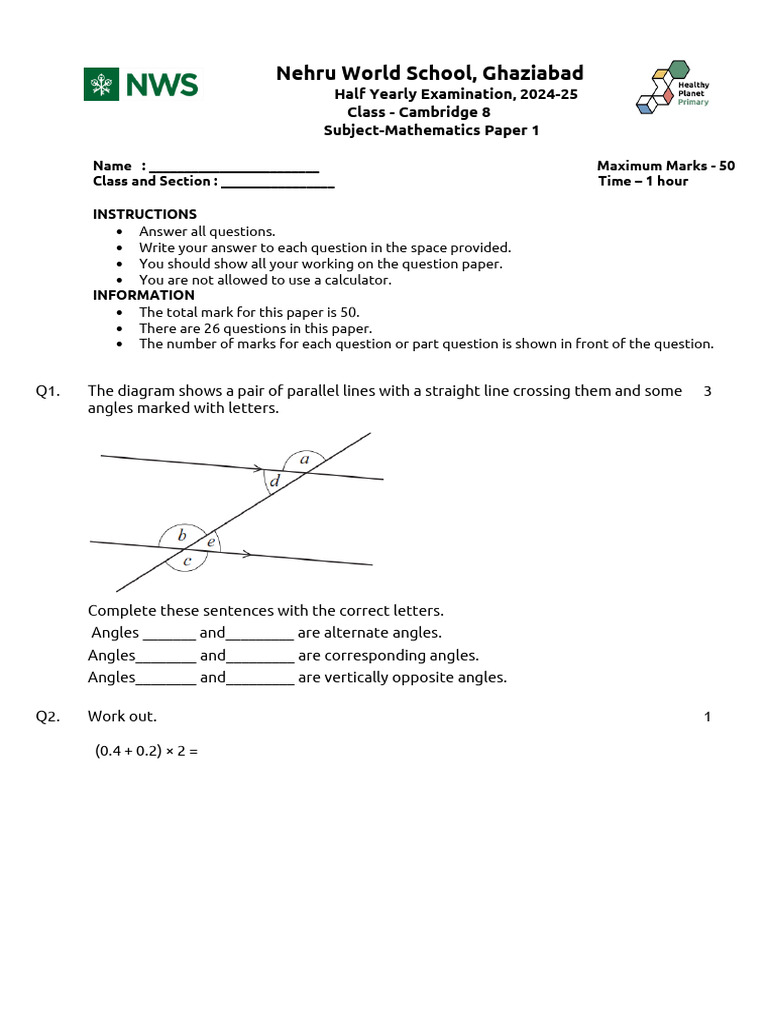 C8 Math Half Yearly Paper 1 202425 | PDF | Rectangle | Elementary Geometry