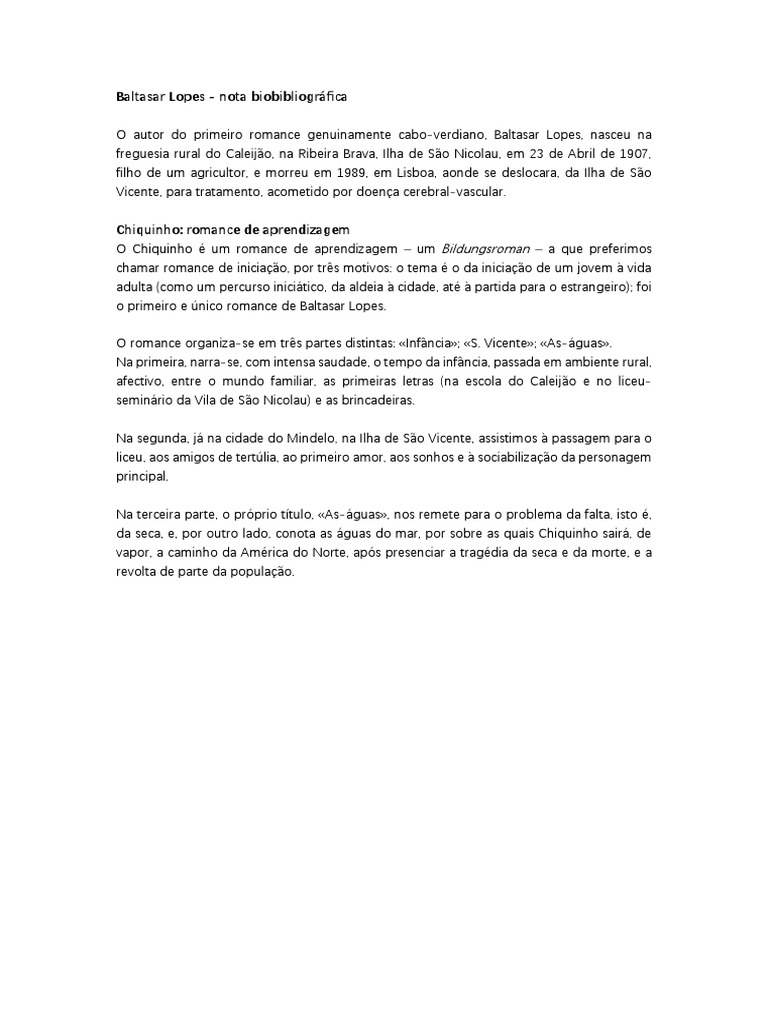 Biografia de Baltasar Lopes e "Chiquinho" | PDF