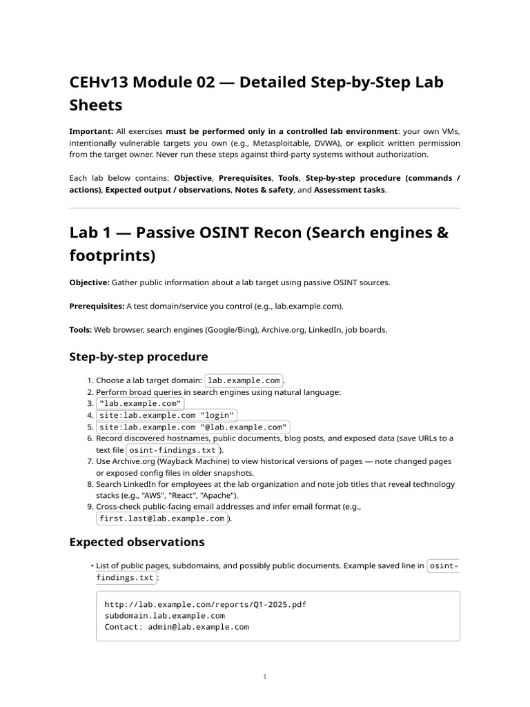 Cehv13 Module02 Lab Sheets Detailed | PDF | Domain Name System | Metadata