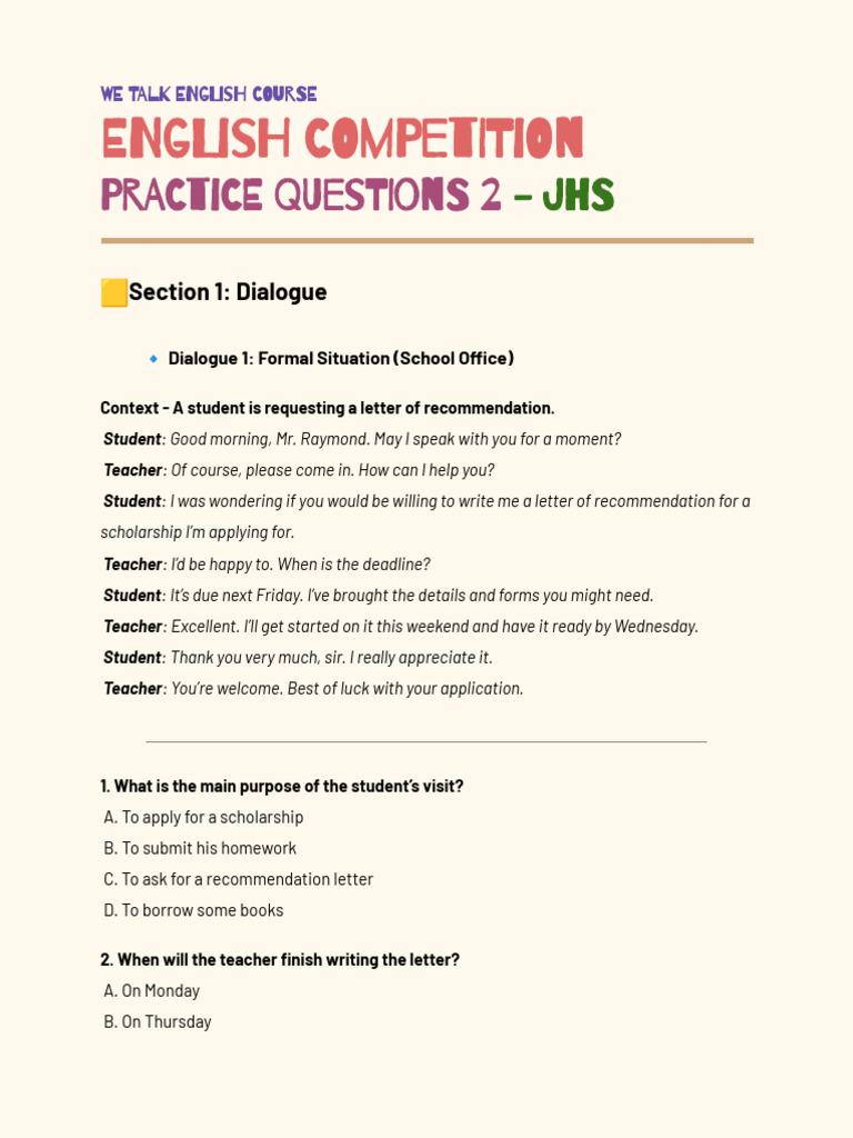 English Practice Questions for JHS | PDF