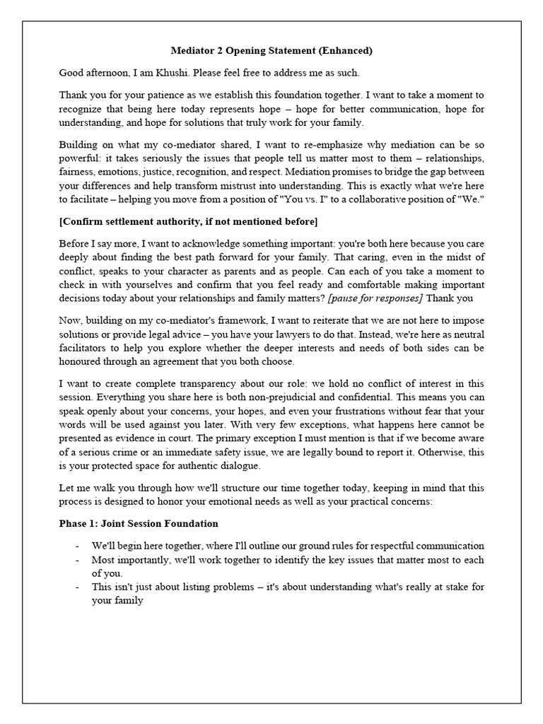 Mediator Opening Statement for Family Mediation | PDF | Mediation