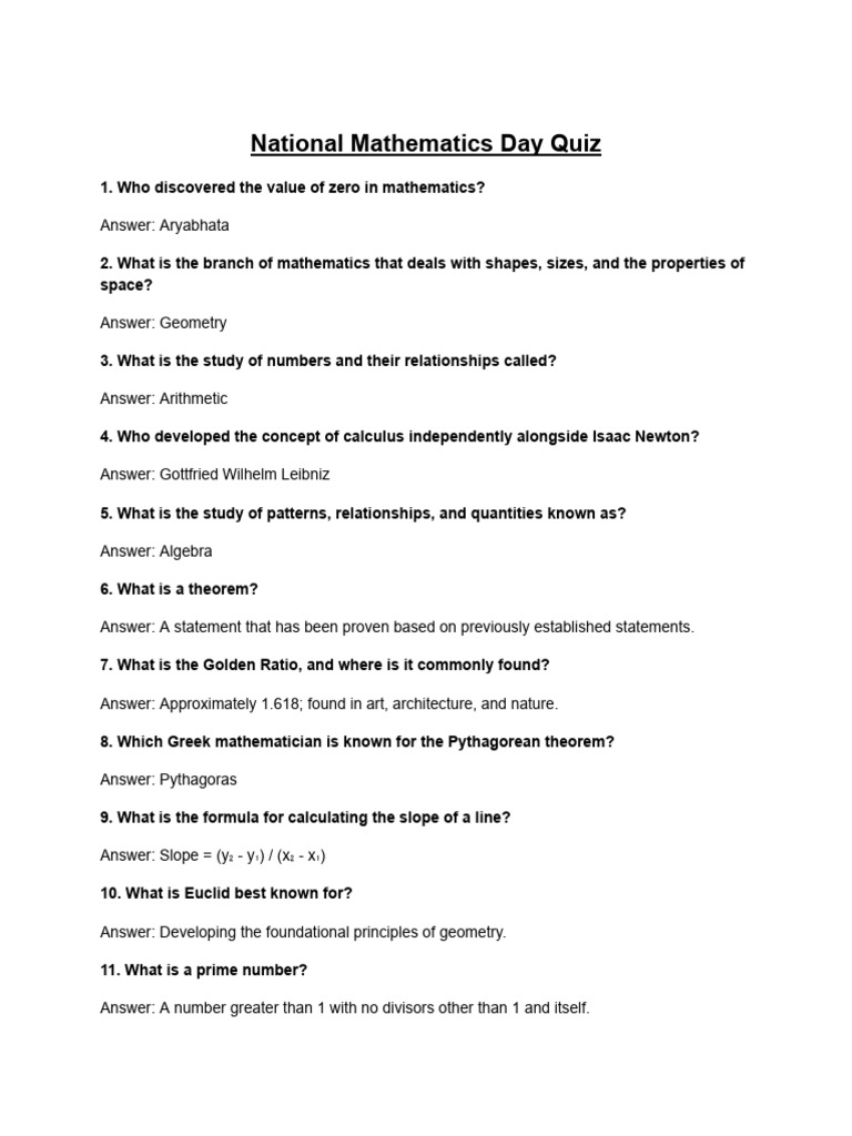 National Mathematics Day Quiz | PDF | Mathematics | Numbers