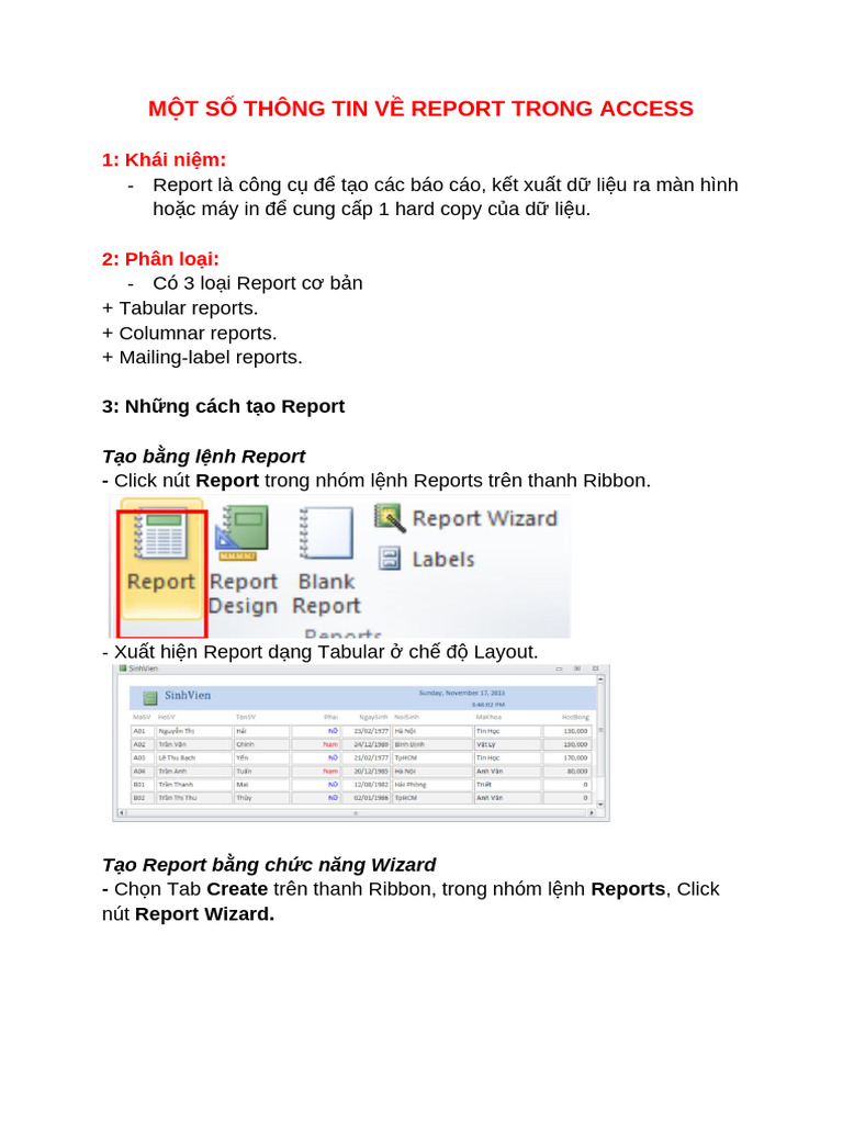 Một Số Thông Tin Về Report Trong Access: 1: Khái niệm | PDF