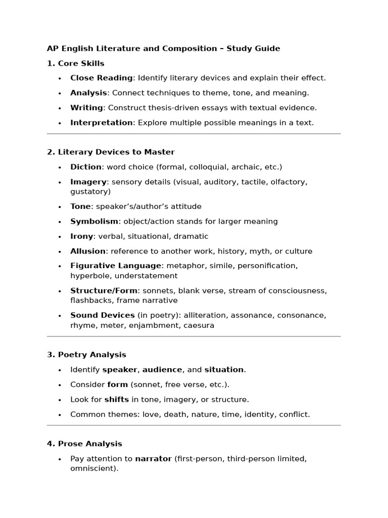 AP Literature Study Guide Essentials | PDF | Poetry | Essays