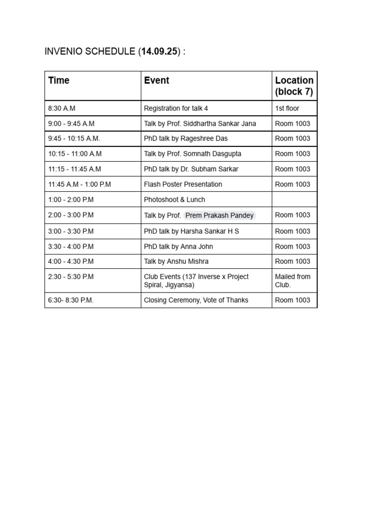 INVENIO Schedule for September 25 | PDF