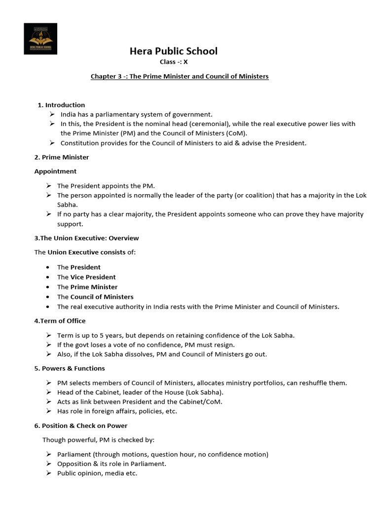 Class 10th Civics Notes 1 | PDF | Cabinet (Government) | Prime Minister