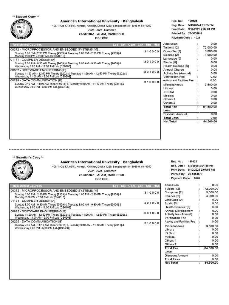 AIUB 2024-2025 Tuition Breakdown | PDF | Banks | Payments