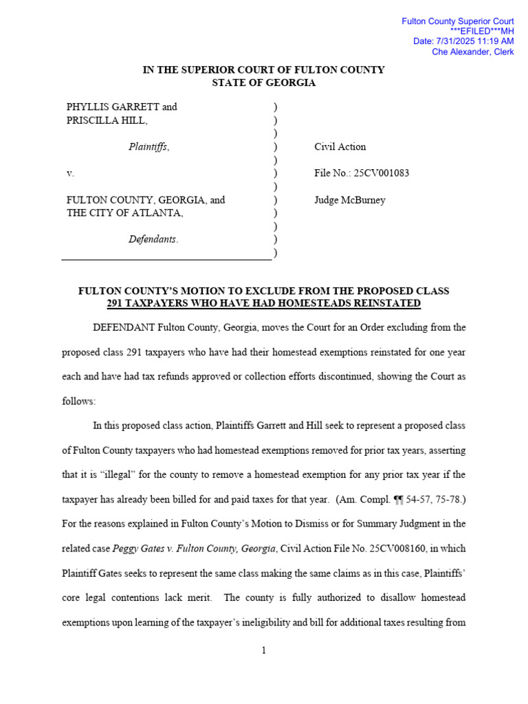 Fulton County - Garrett - Motion To Exclude From The Proposed Class ...
